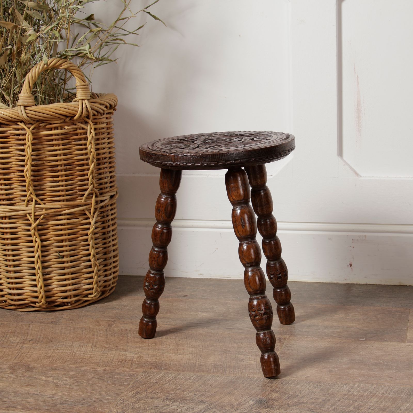 Early 20th Century Carved Oak Milking Stool | Vinterior