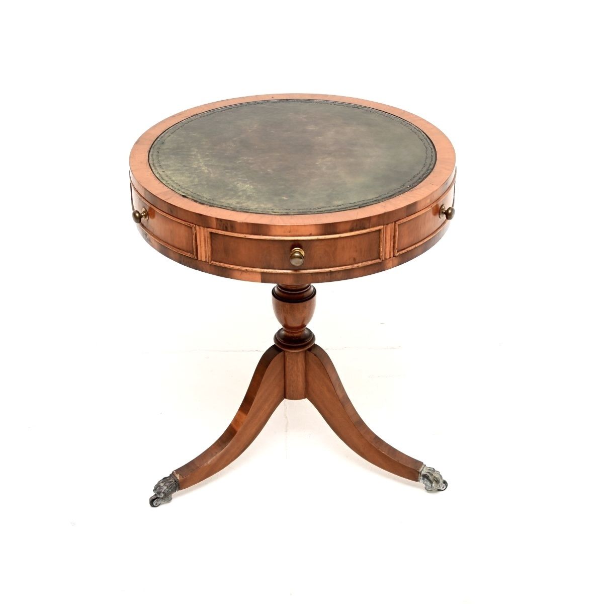 Antique Yew Wood Leather Top Drum Table | Vinterior