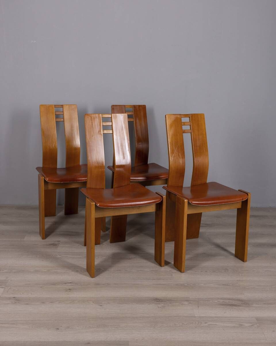 Set Of 4 Vintage 1950s Chairs In Wood And Leather, Italian Design ...