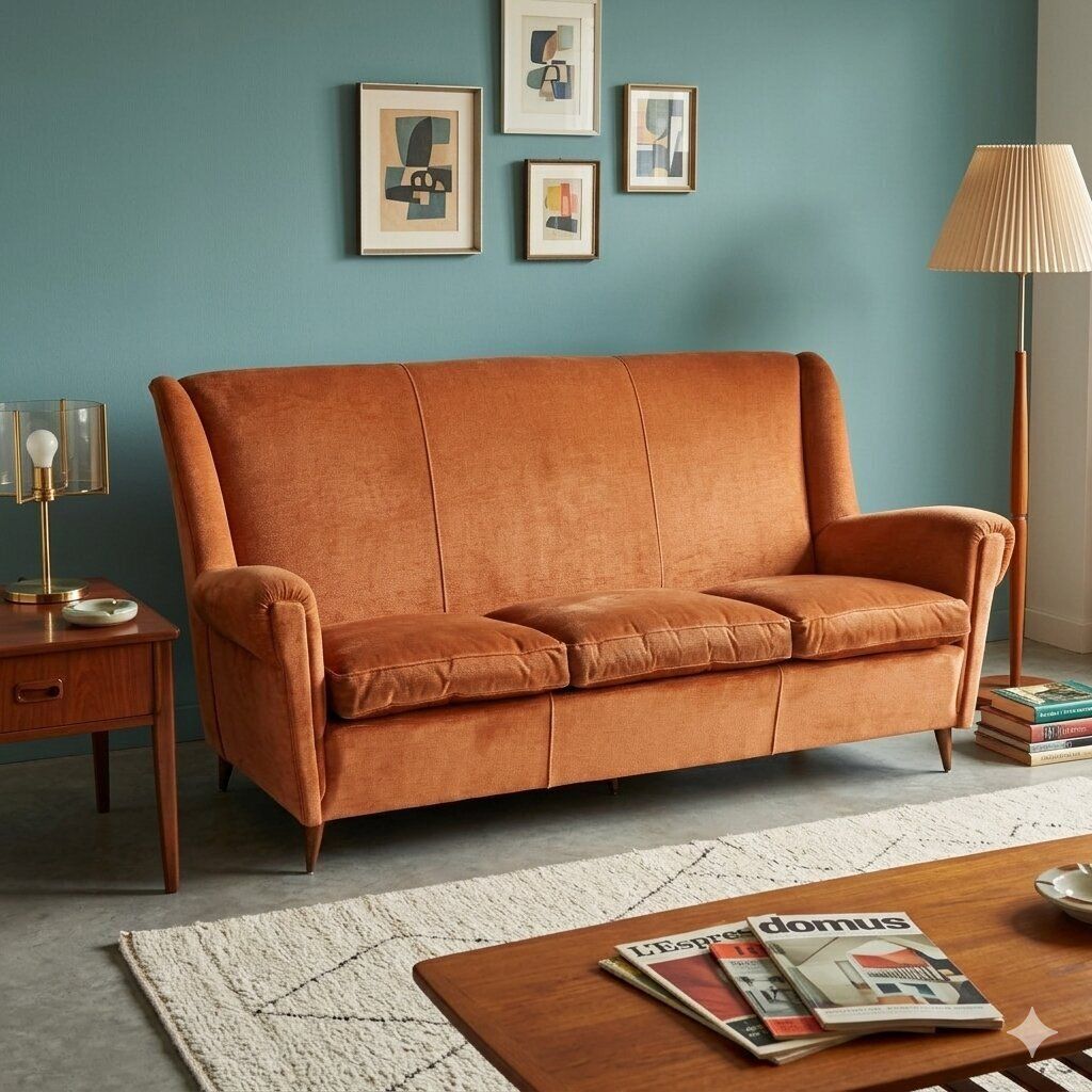 Vintage 1950s Sofa 3 Seater Red Velvet Italy To Be Restored | Vinterior