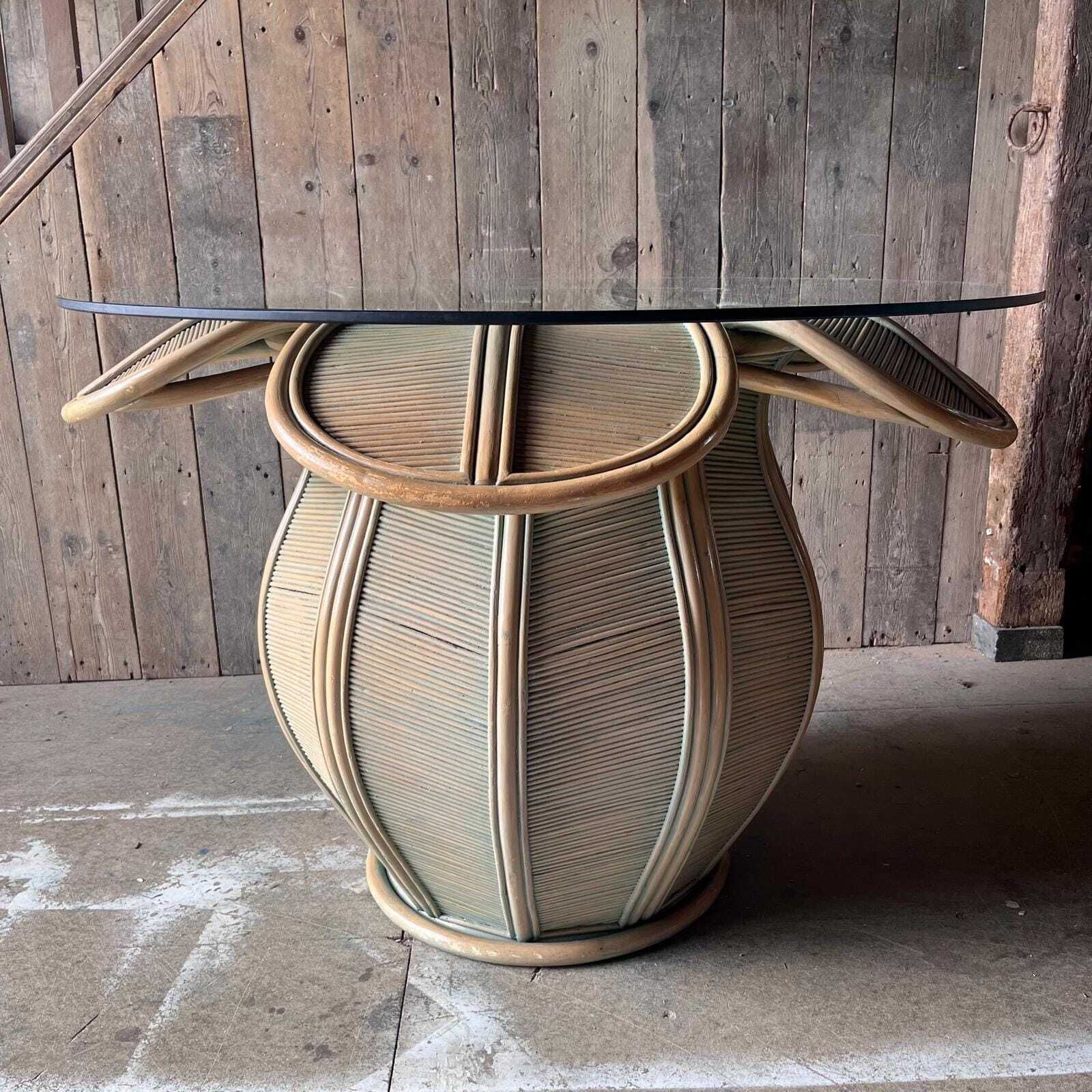 Italian Bamboo Round Flower Table With Glass Top | Vinterior