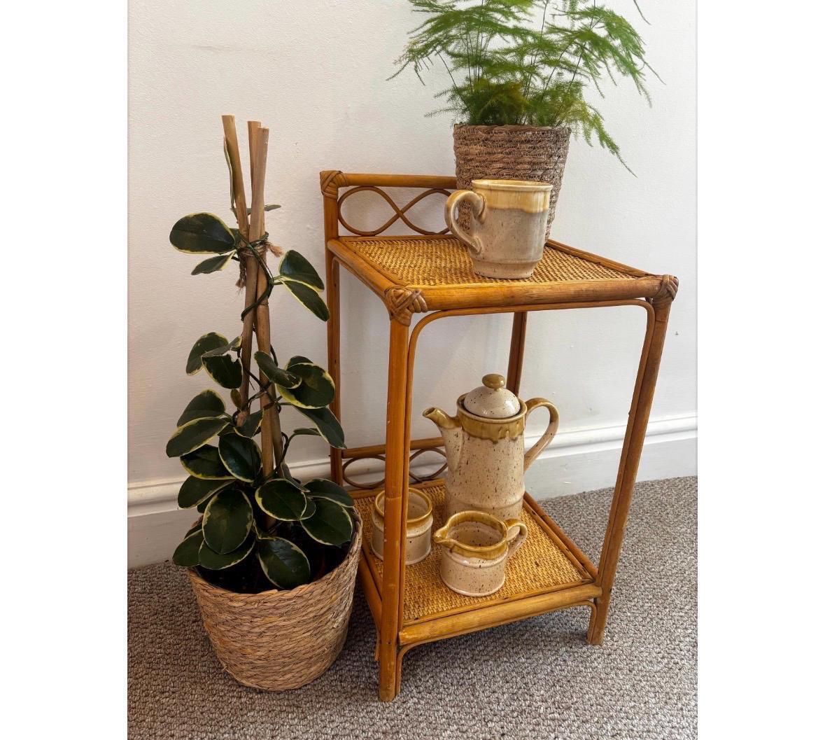 Vintage Rattan Cane Side Table: Boho Plant Stand, Bedside Shelf ...