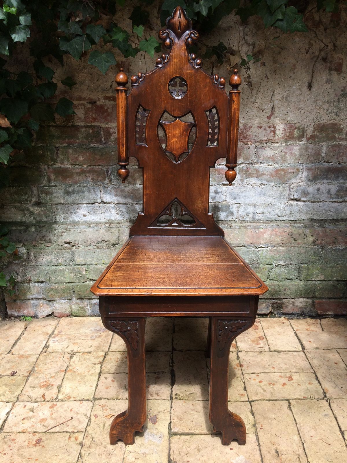 Pair Oak Gothic Revival Hall Chairs | Vinterior