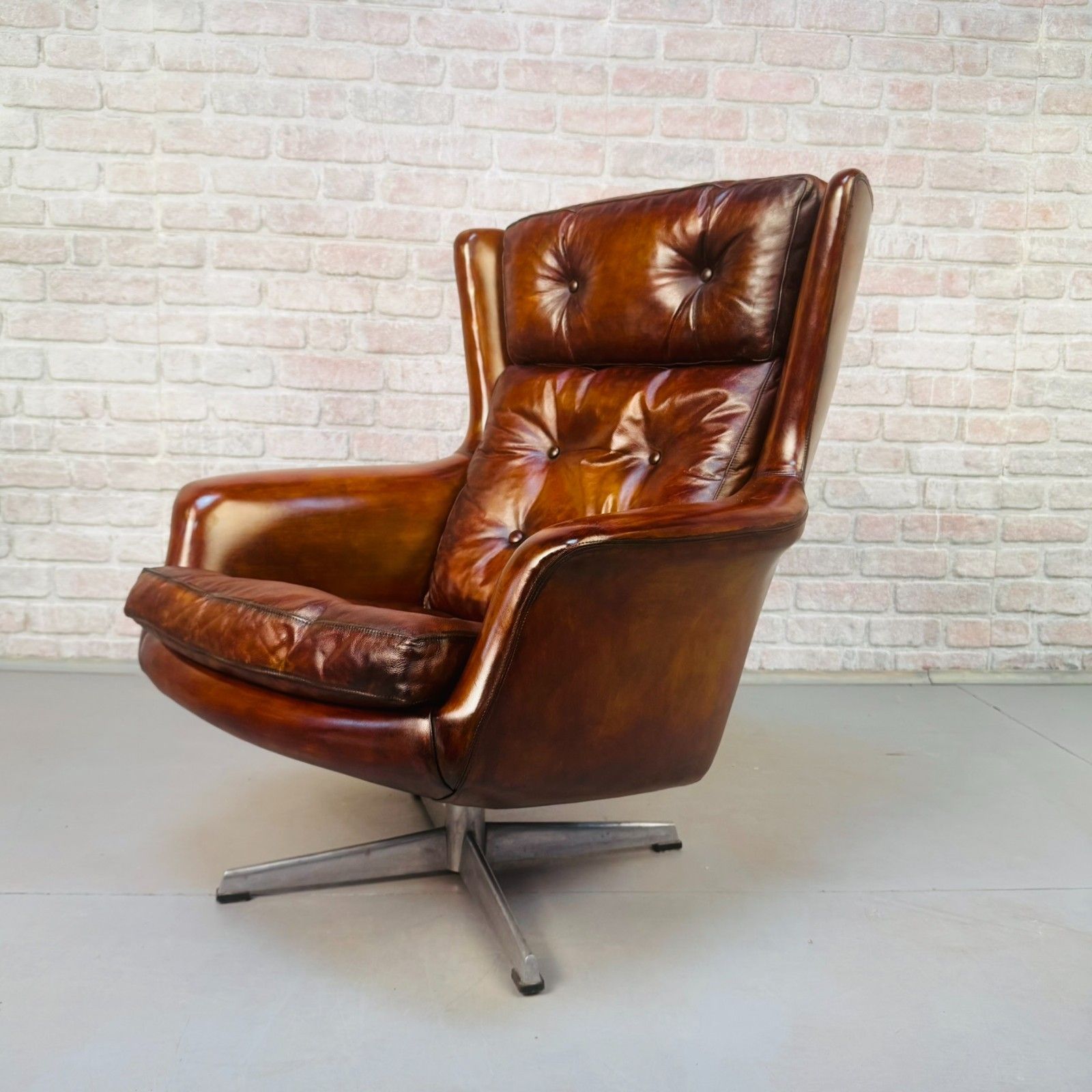 1970s Danish Swivel Egg Tan Leather Chair | Vinterior