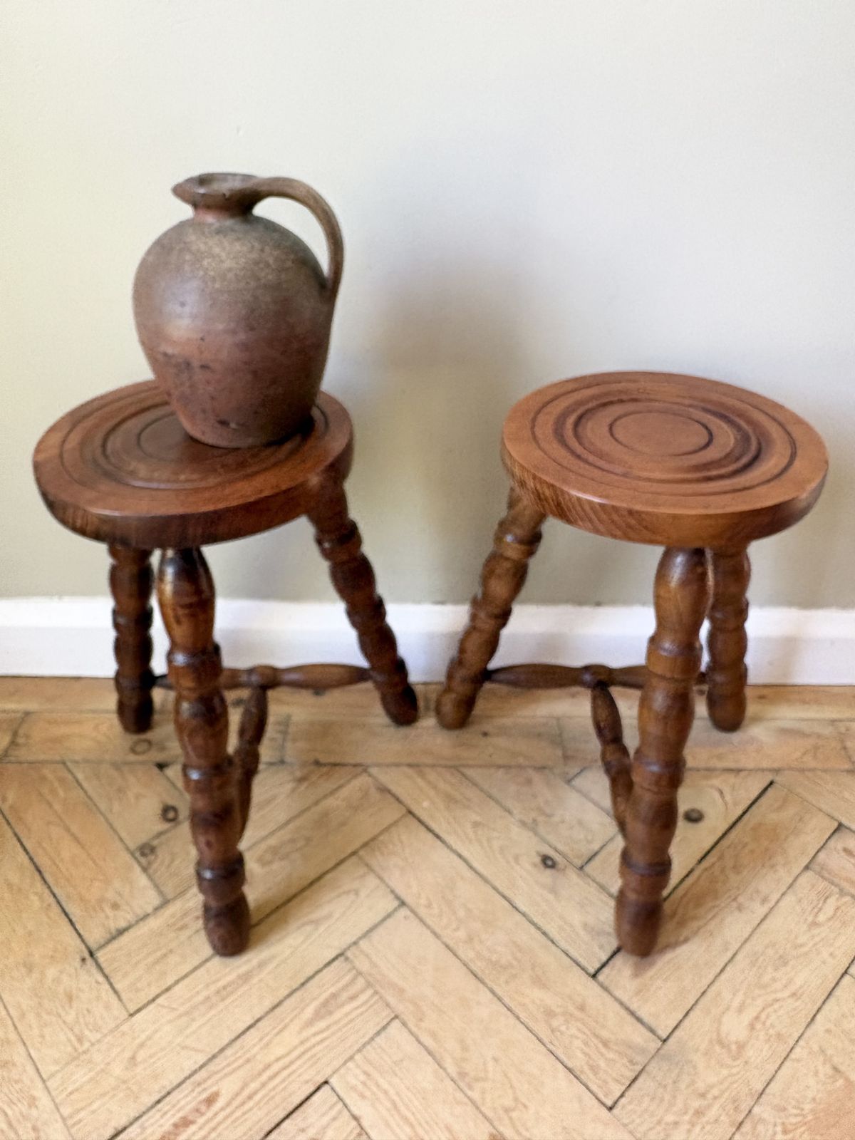 A Matching Pair Of Bullseye Bobbin Stools | Vinterior