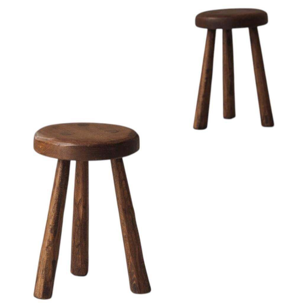 Set Of Two Solid Elm Tripod Stools From France, 1950s | Vinterior