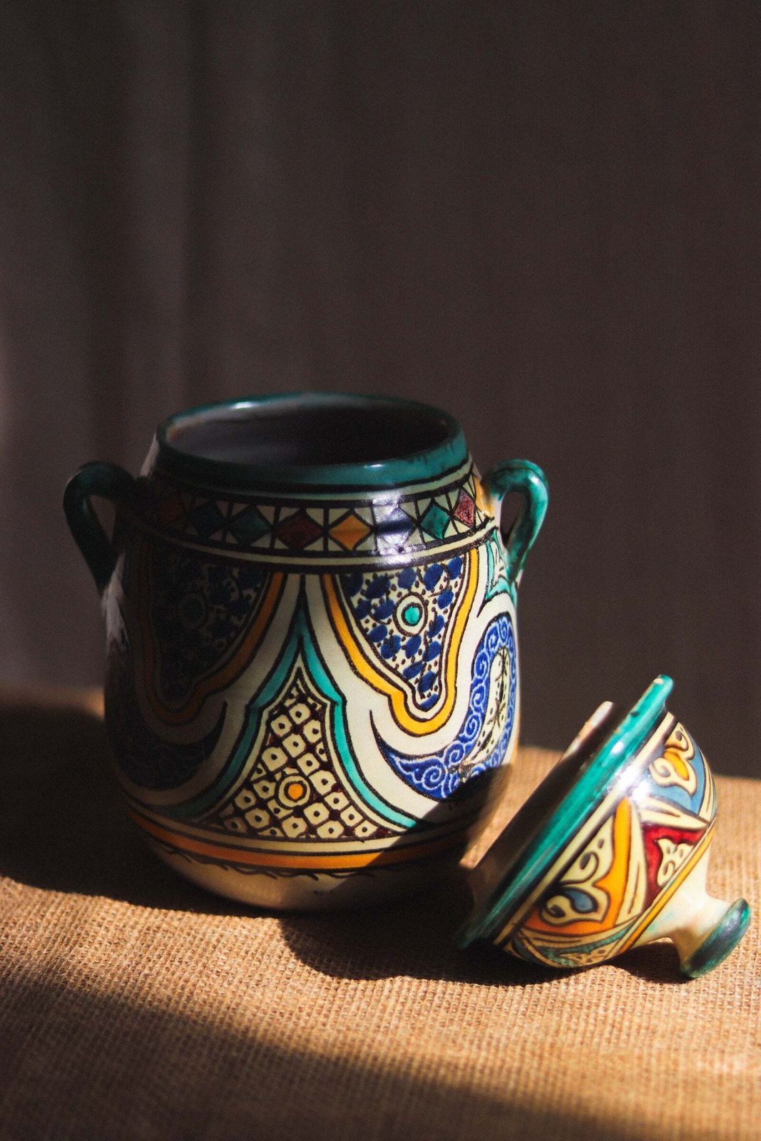Vintage Moroccan Lidded Jar With Twin Handles | Vinterior