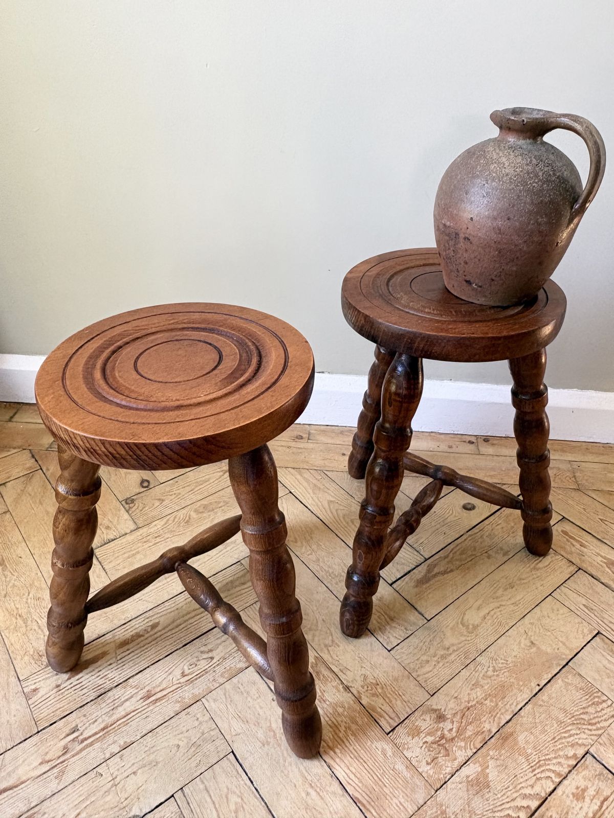 A Matching Pair Of Bullseye Bobbin Stools | Vinterior