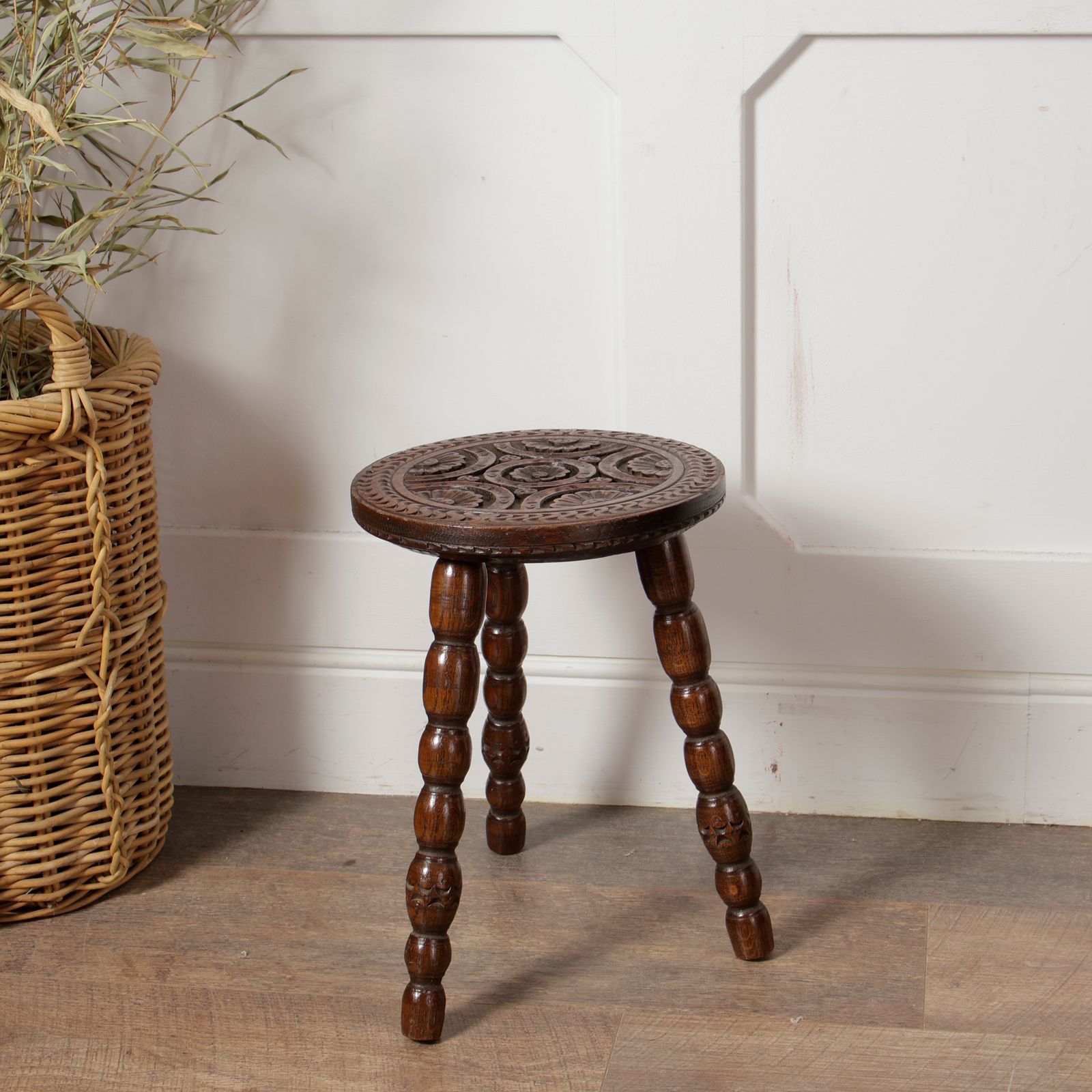 Early 20th Century Carved Oak Milking Stool | Vinterior