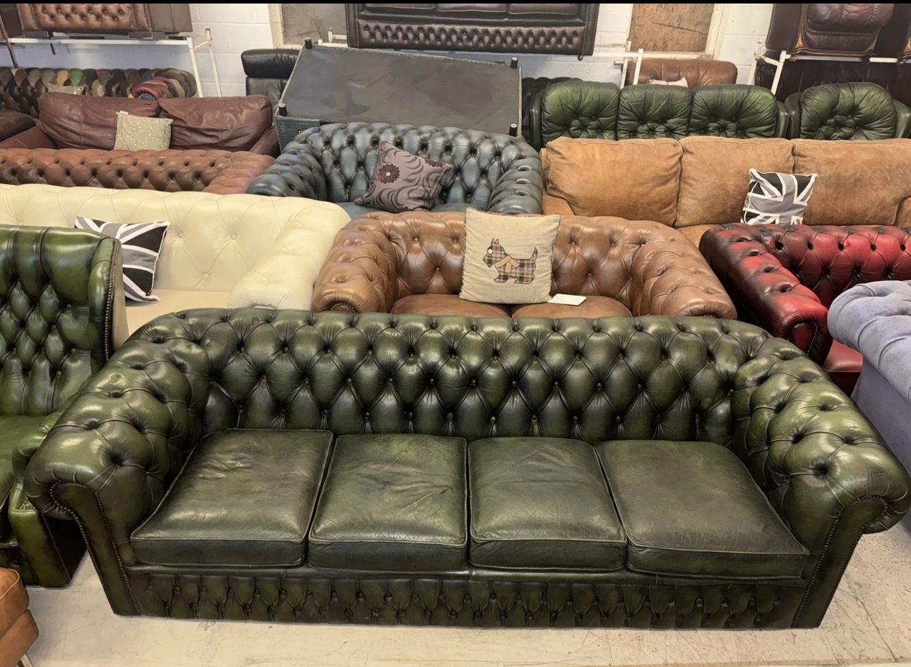 Chesterfield Green Real Leather Four Seater Sofa | Vinterior