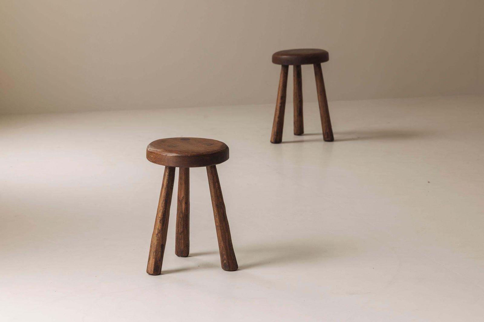 Set Of Two Solid Elm Tripod Stools From France, 1950s | Vinterior
