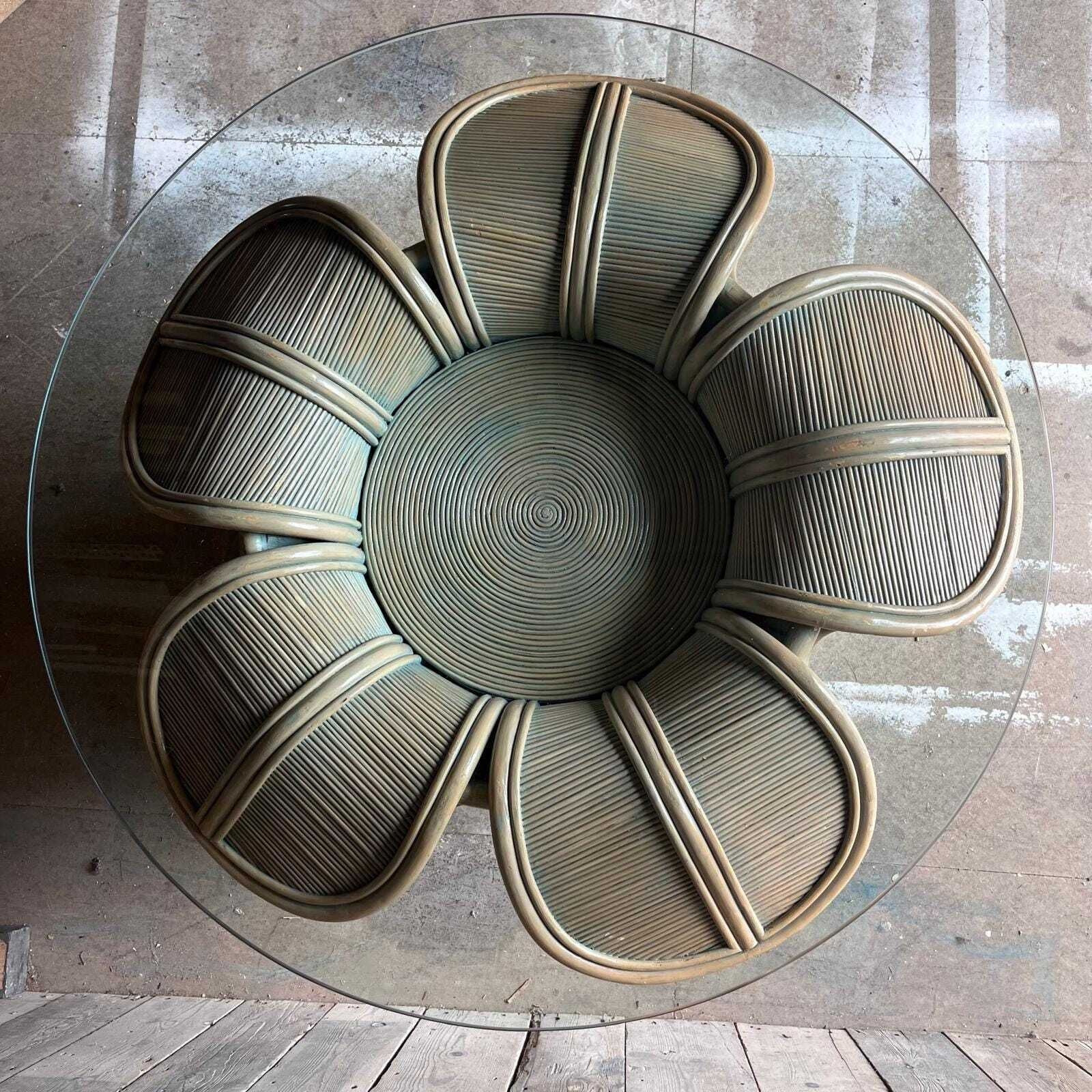 Italian Bamboo Round Flower Table With Glass Top | Vinterior